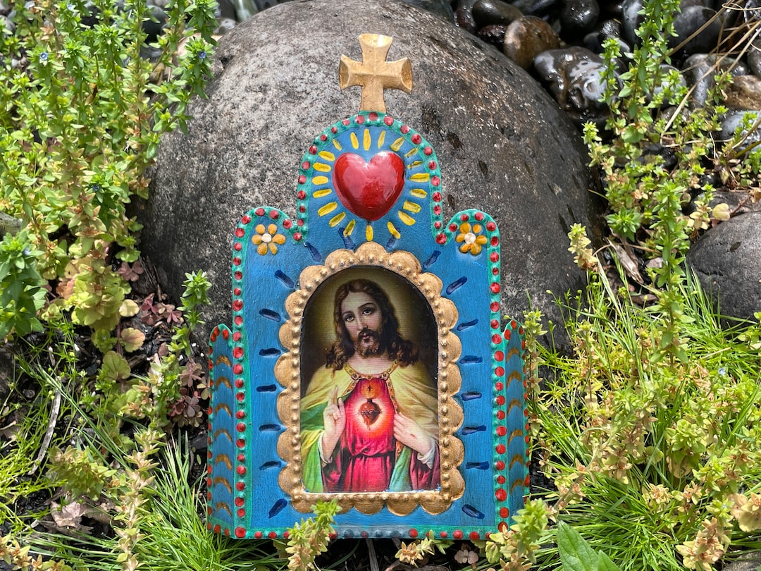 Tin Nicho With Jesus With Sacred Heart , BLUE, Mexican Tin Nicho ...