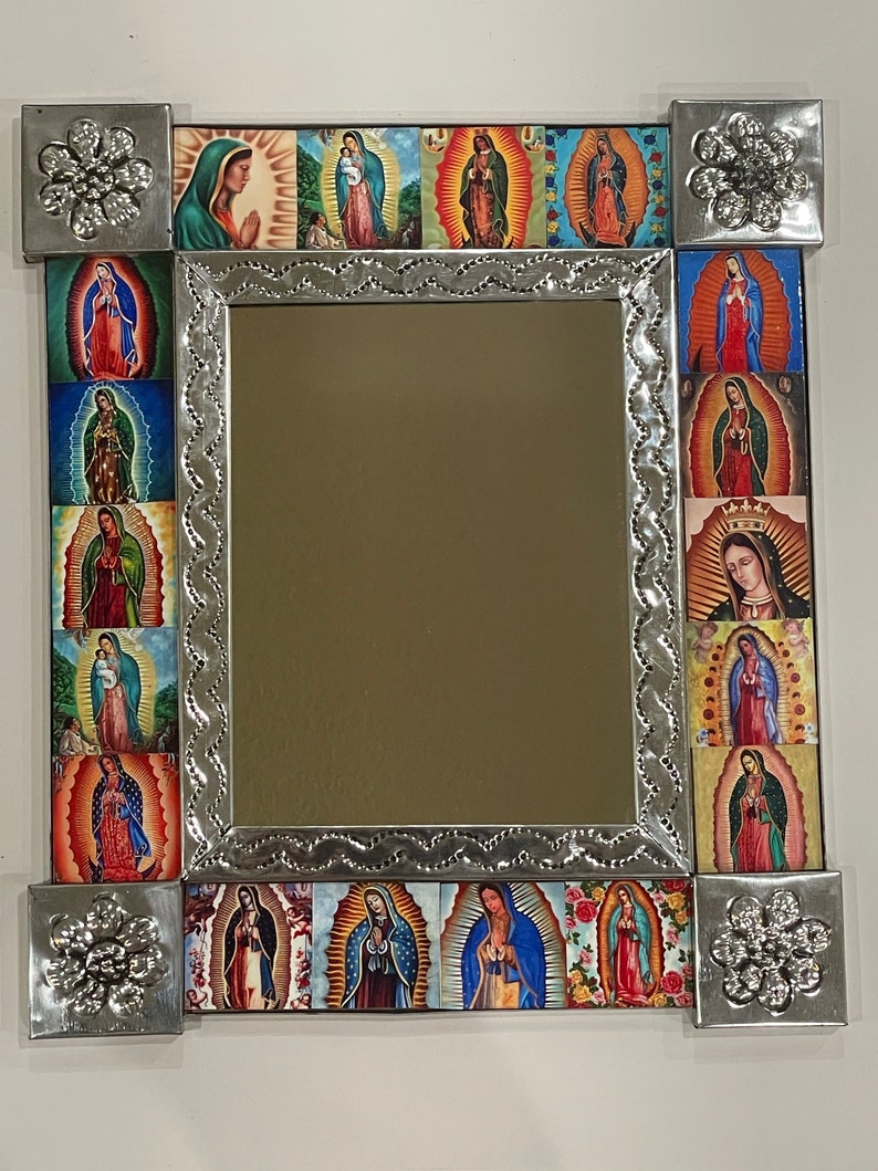 LARGE Tin Mirror With Assorted GUADALUPE Tiles, Mexican Tin Art ...