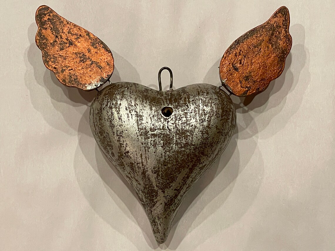 Large Silver CLAY HEART With WINGS, Mexican Heart, Mexican Sacred Heart ...