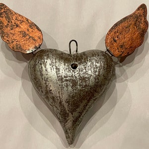Large Silver CLAY HEART With WINGS, Mexican Heart, Mexican Sacred Heart ...