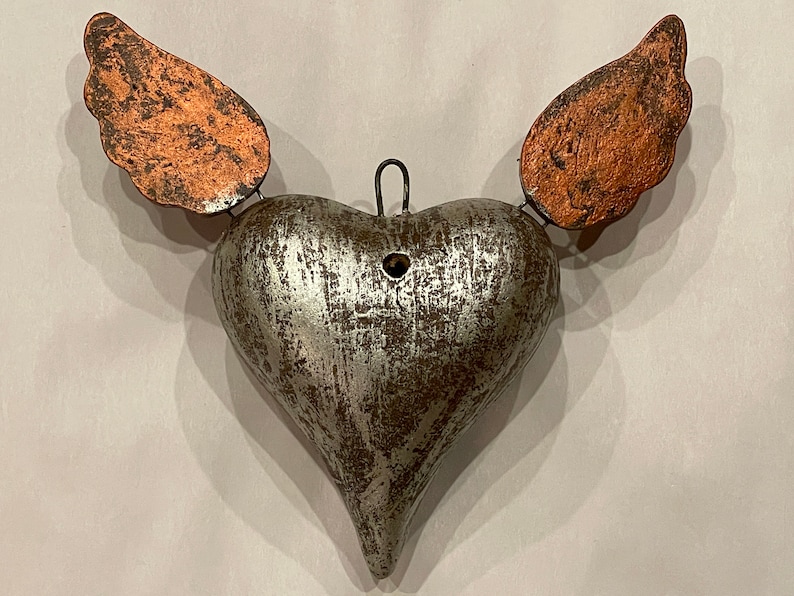 Large Silver CLAY HEART With WINGS, Mexican Heart, Mexican Sacred Heart ...