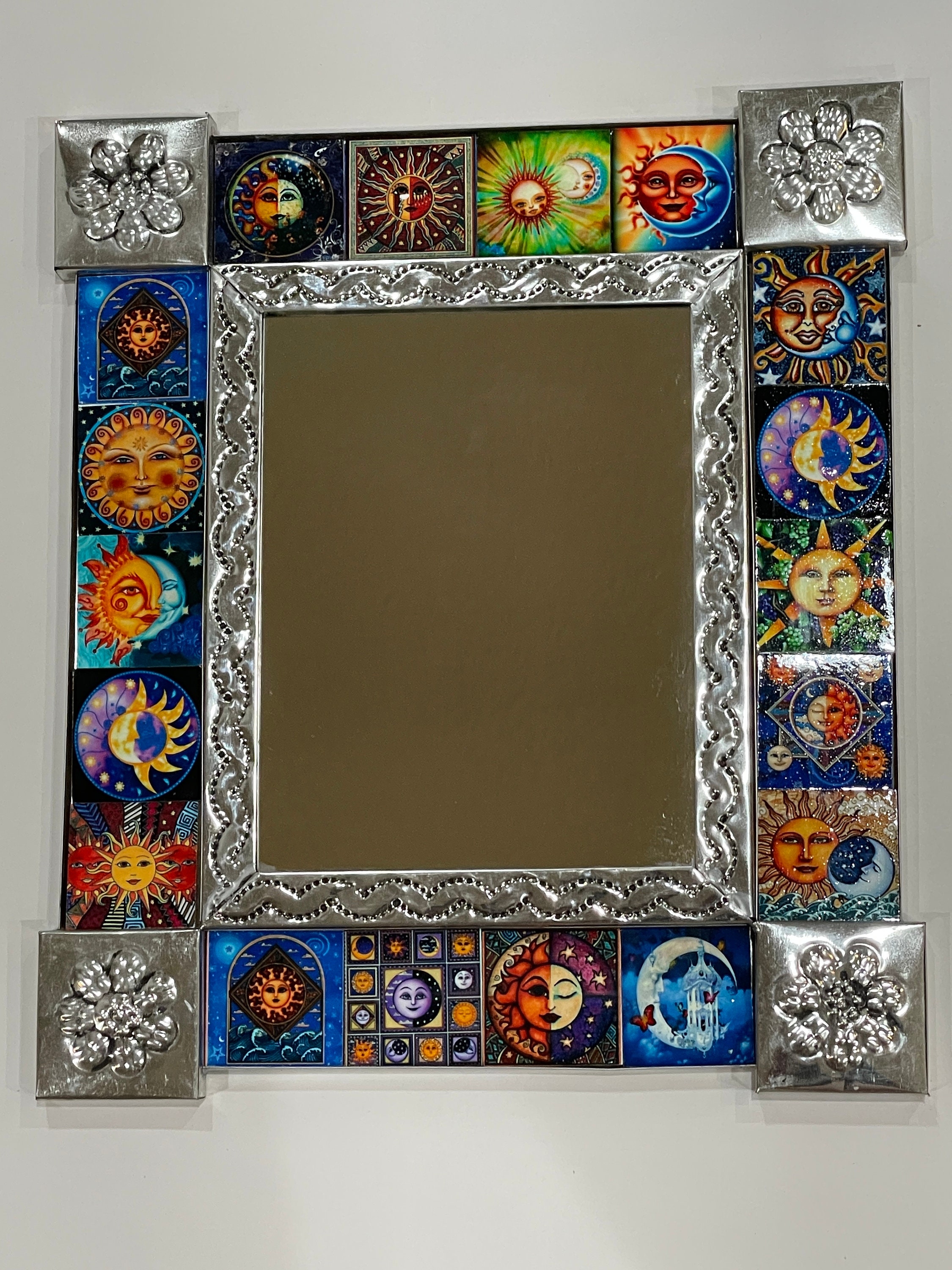 LARGE Tin Mirror With Assorted Sun Tiles, Mexican Tin Art, Mexican ...