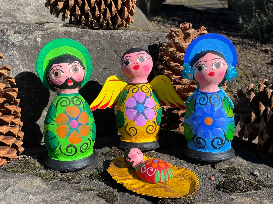 Colorful PAPER MACHE NATIVITY, Four Pieces, Oval Shaped, Mexico ...
