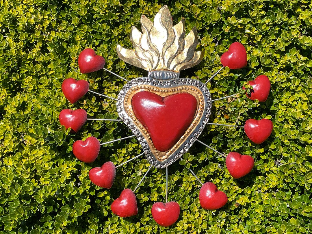 Stunning Sacred Heart, Red With Gold Leaf Accents, Mexican Tin Art ...