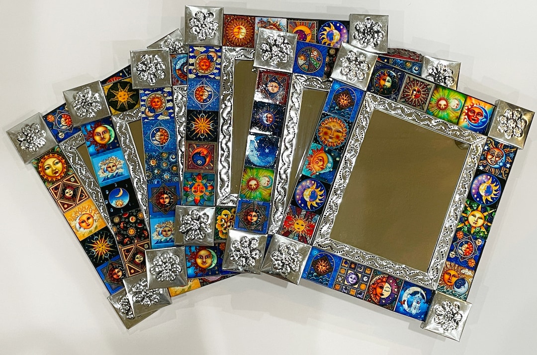LARGE Tin Mirror With Assorted Sun Tiles, Mexican Tin Art, Mexican ...