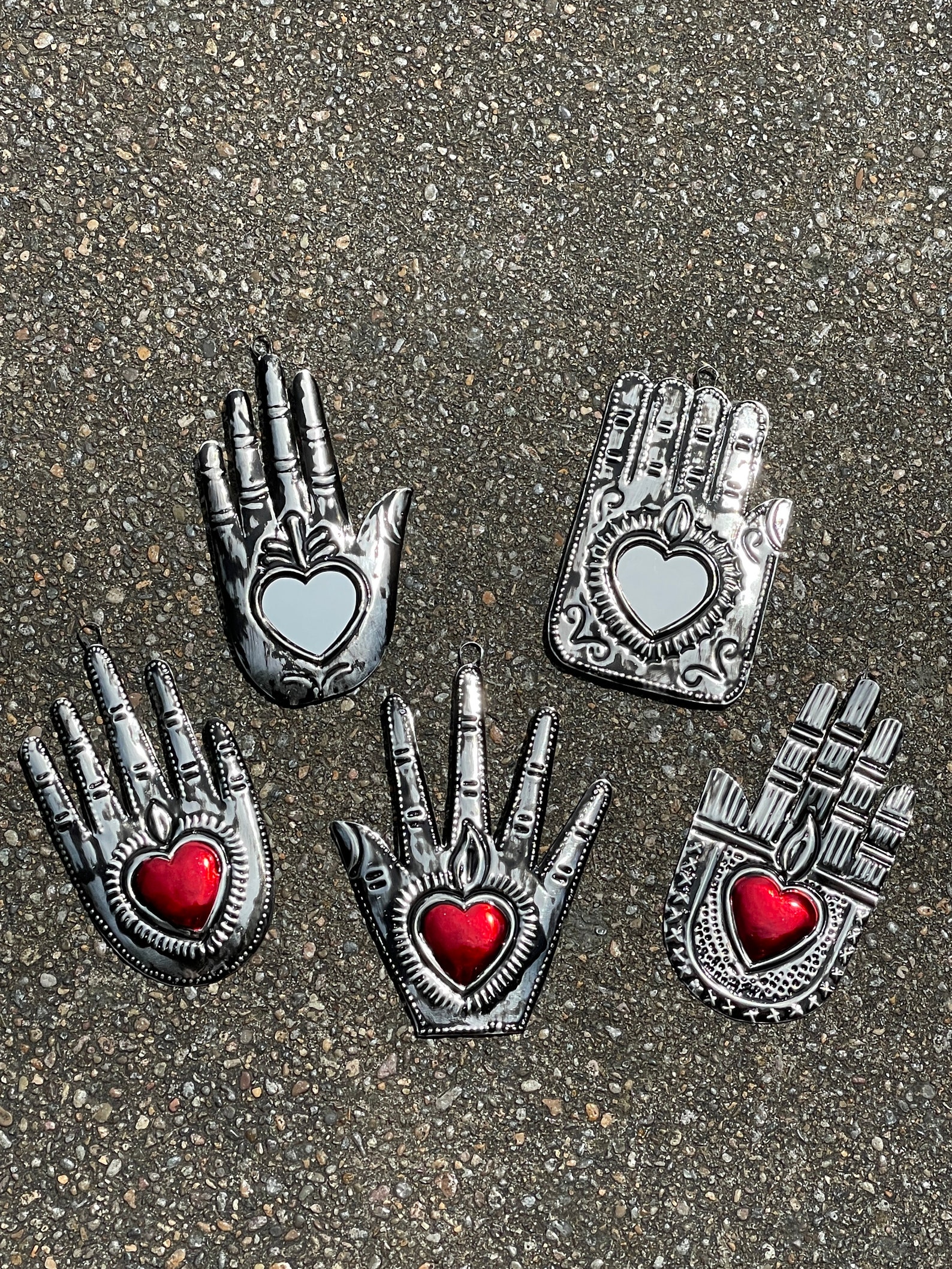 SET of FIVE Tin HEALING Hand Ornaments, Tin Milagro Hand, Fatima Hand ...