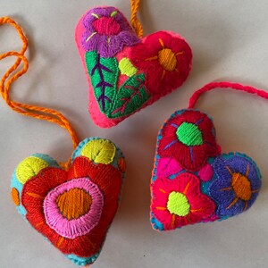 Hand Embroidered HEARTS, Set of THREE, Mexican Heart Ornament, Handmade ...