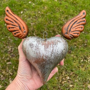 Large Silver CLAY HEART With WINGS, Mexican Heart, Mexican Sacred Heart ...