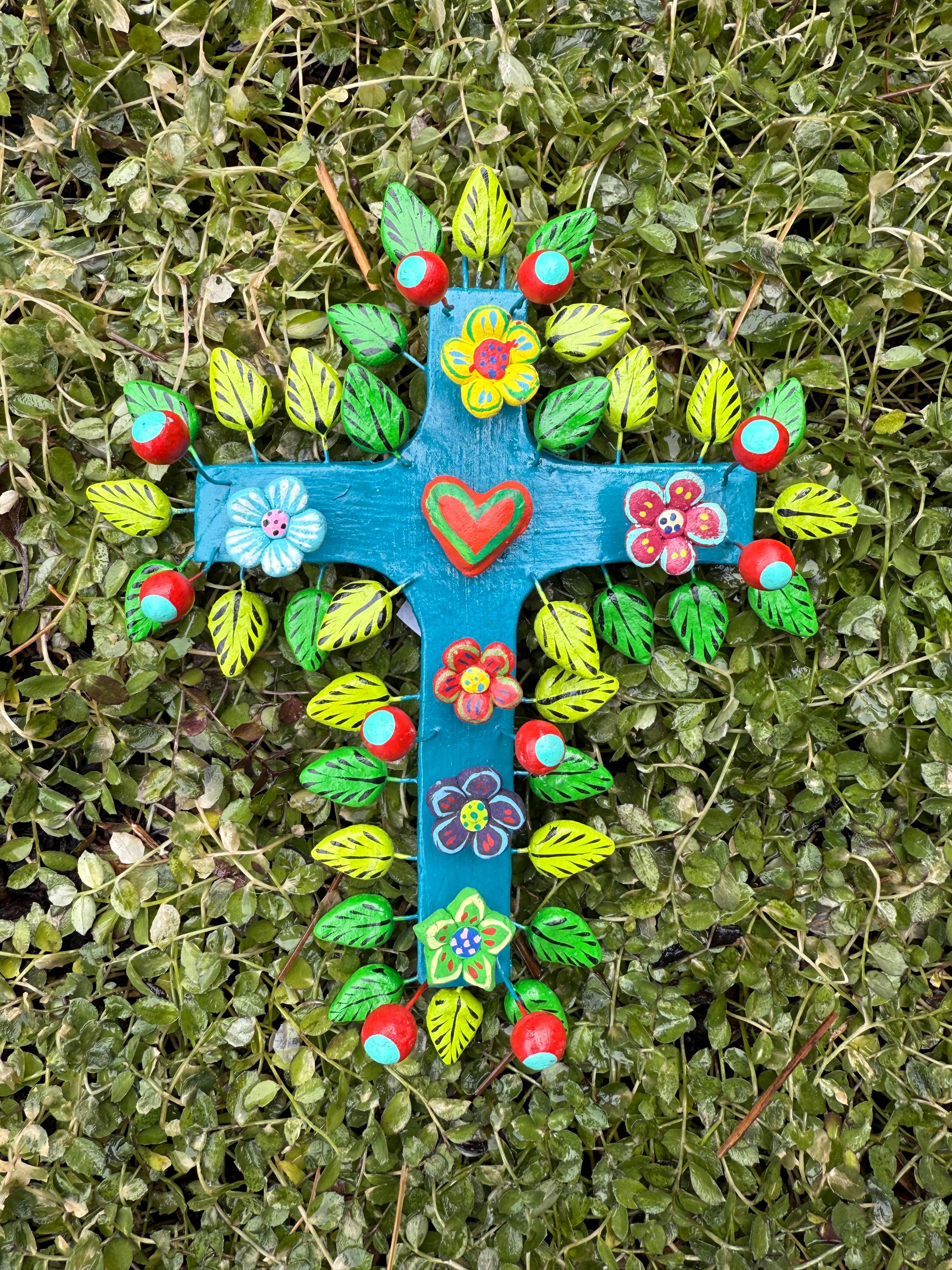 Colorful Cross With Heart and Flowers, Barro Betus, Ortega, Mexican ...