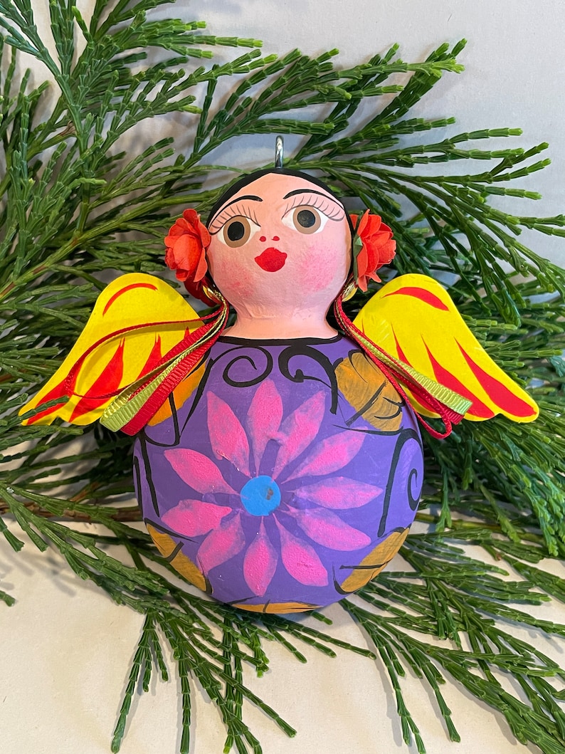 Hand Painted Colorful ANGEL Ornament GIRL, ROUND Shaped, Paper Mache ...