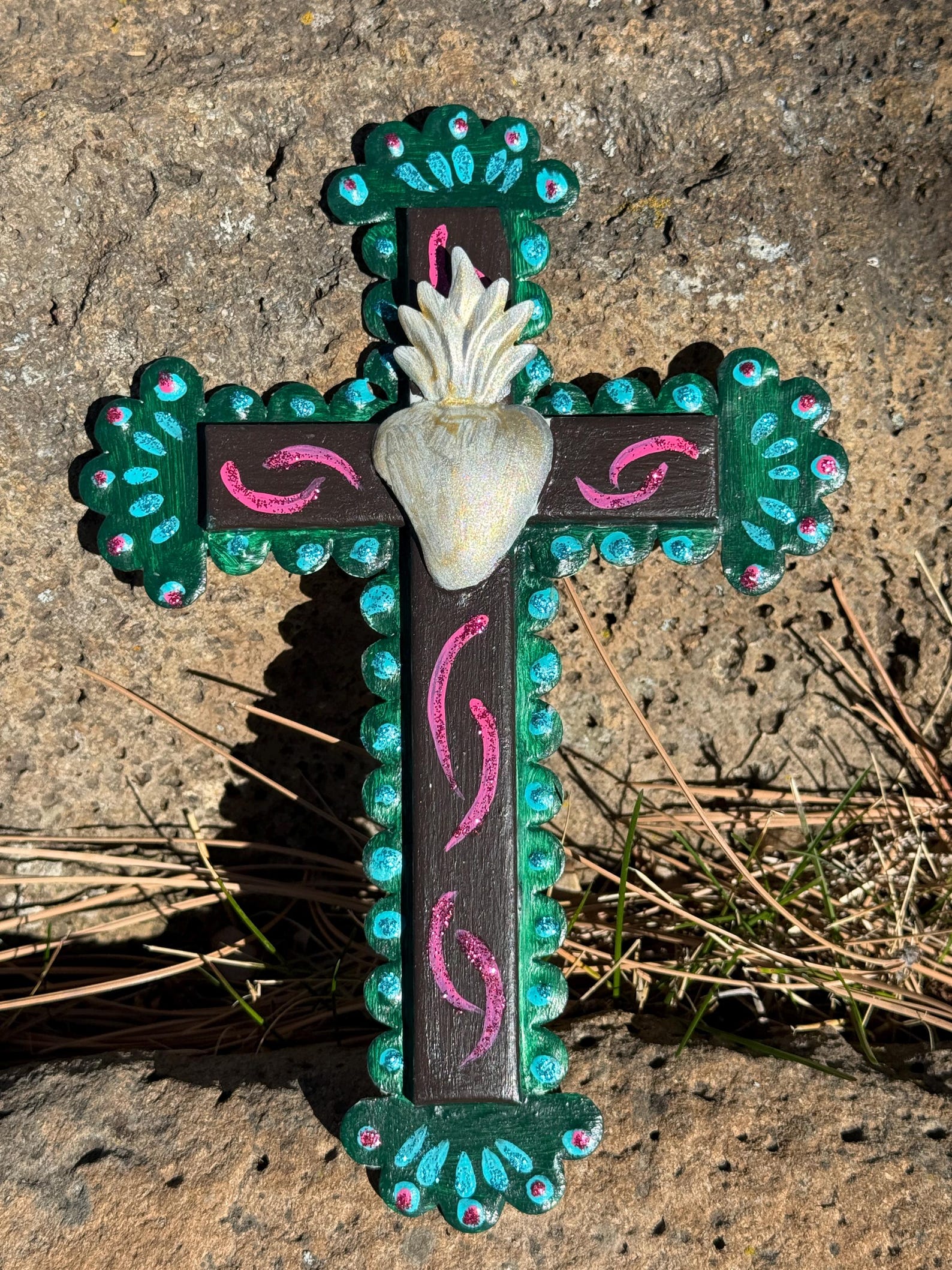 Mexican Tin Cross, Tin Cross Ornament, Hand Painted Mexican Cross ...