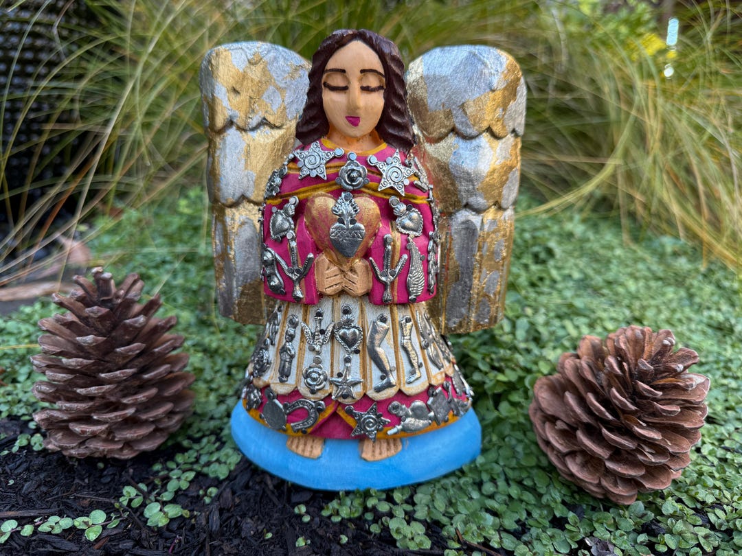 Small ANGEL With MILAGROS, Mexican Angel, Hand Carved Angel, Angel With ...