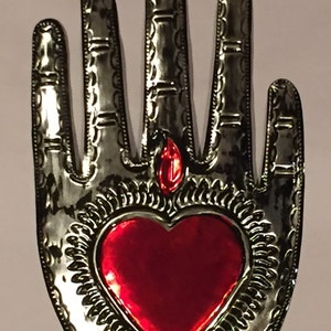 LARGE Tin HEALING HAND With Sacred Heart, Mexican Milagro Hand, Hand of ...