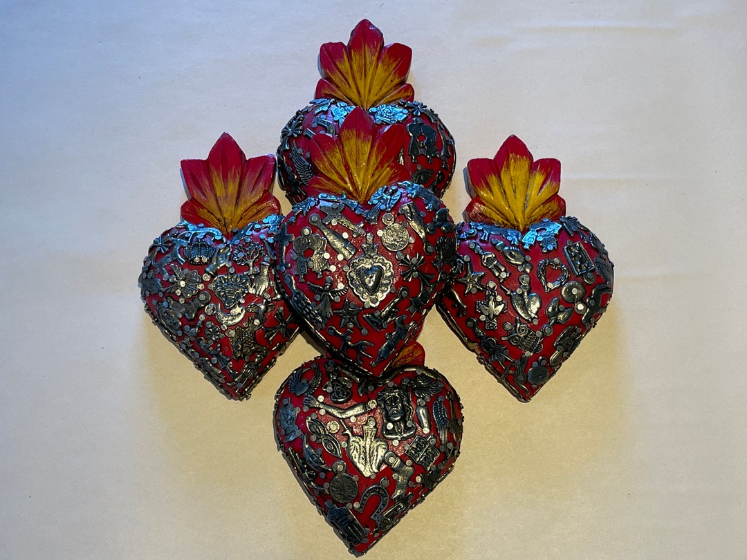 SMALL Sacred Heart With Milagros, RED, Sacred Heart Ex-votos, Mexican ...