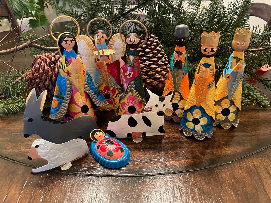 Mexican TIN NATIVITY Set, 10 Pieces, Colorful, Traditional Mexican ...
