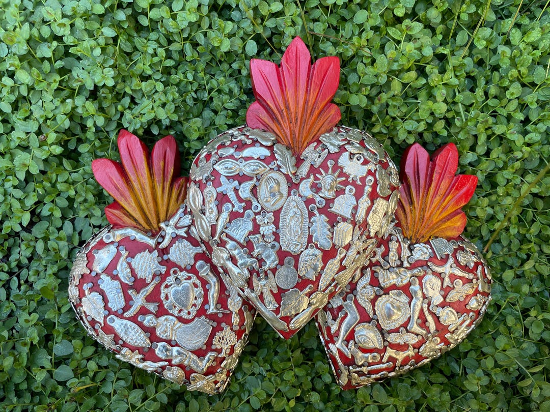 LARGE Sacred Heart With Milagros, RED, Sacred Heart Ex-votos, Mexican ...