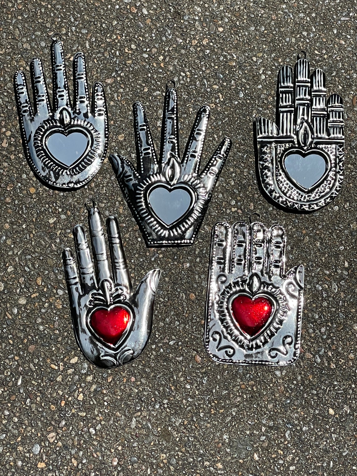 HEALING Hand Ornaments, Set/5, Tin Milagro Hand, Fatima Hand, Mexican ...