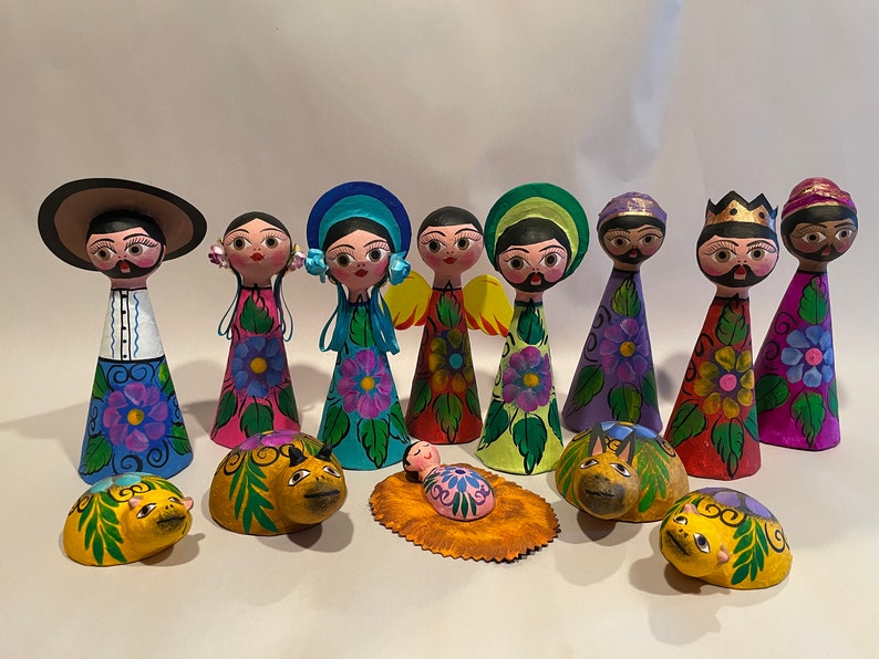 Colorful PAPER MACHE NATIVITY, Thirteen Pieces, Mexico Nativity Set ...