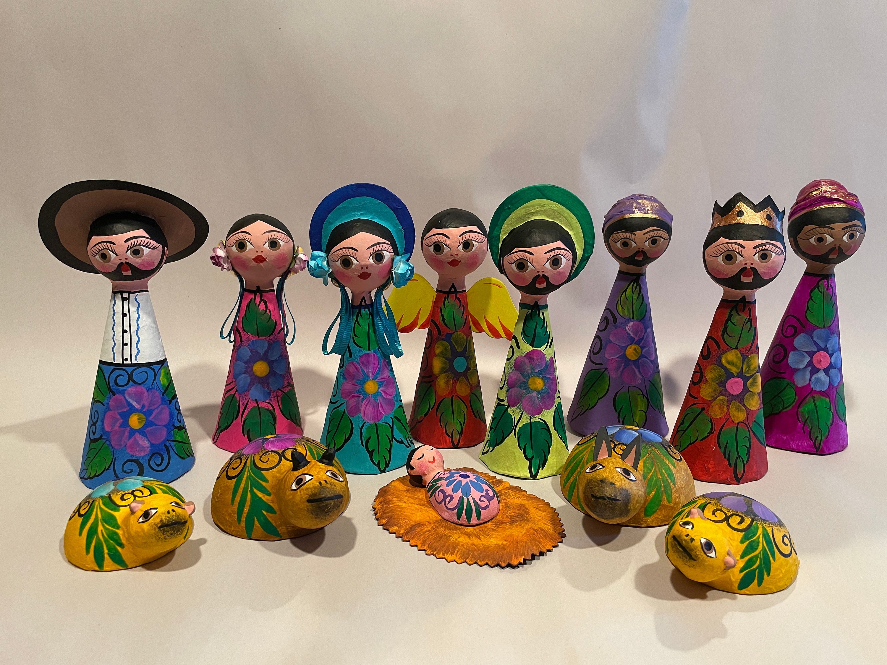 Colorful PAPER MACHE NATIVITY, Thirteen Pieces, Mexico Nativity Set ...