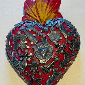 SMALL Sacred Heart With Milagros, RED, Sacred Heart Ex-votos, Mexican ...