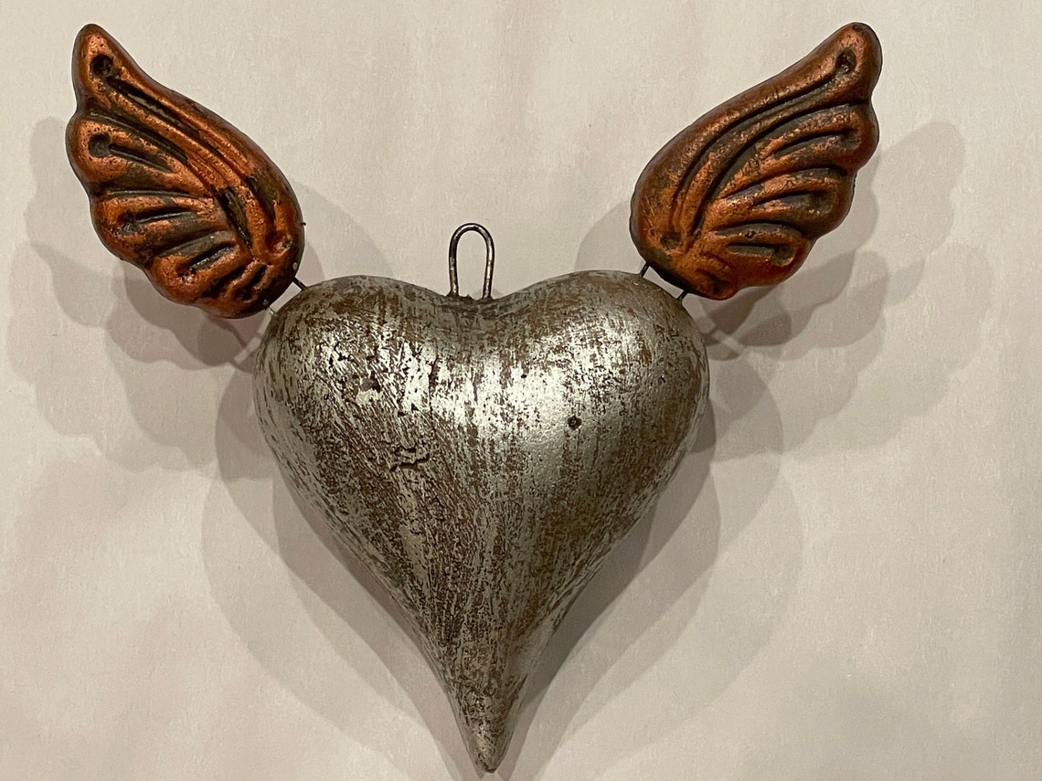 Large Silver CLAY HEART With WINGS Mexican Heart Mexican | Etsy