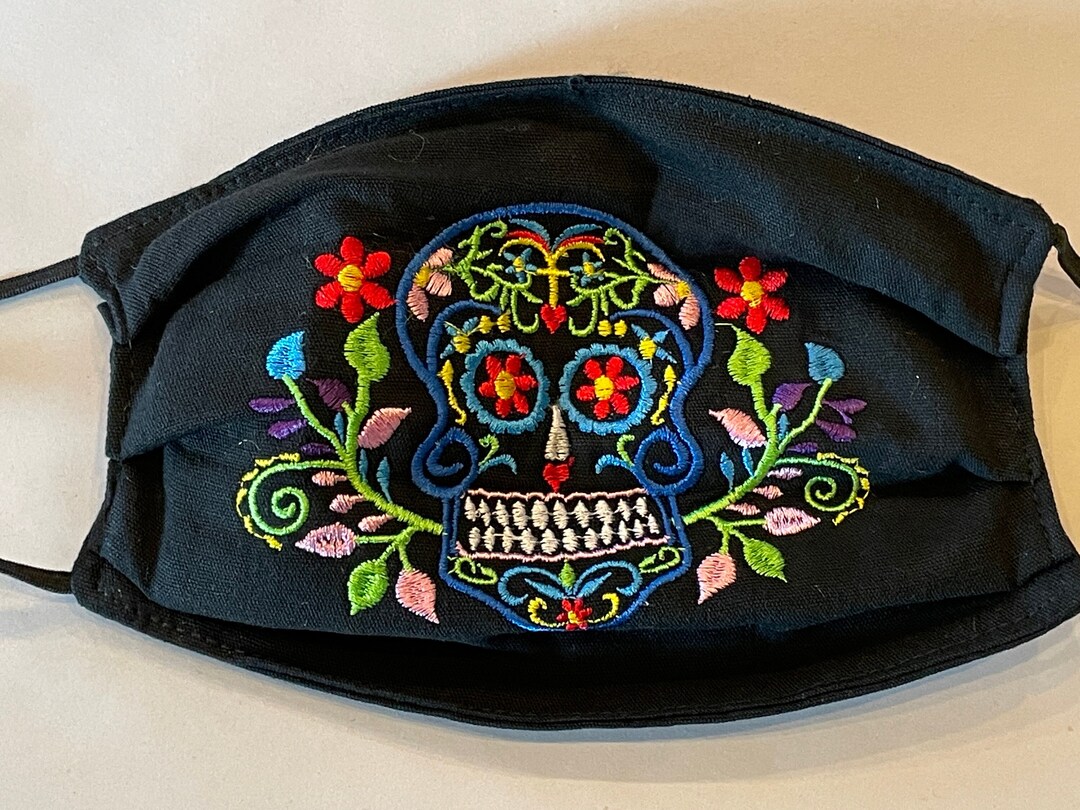 CALAVERA Face Mask, BLACK, Embroidered Calavera Face Mask, Mexican Face ...