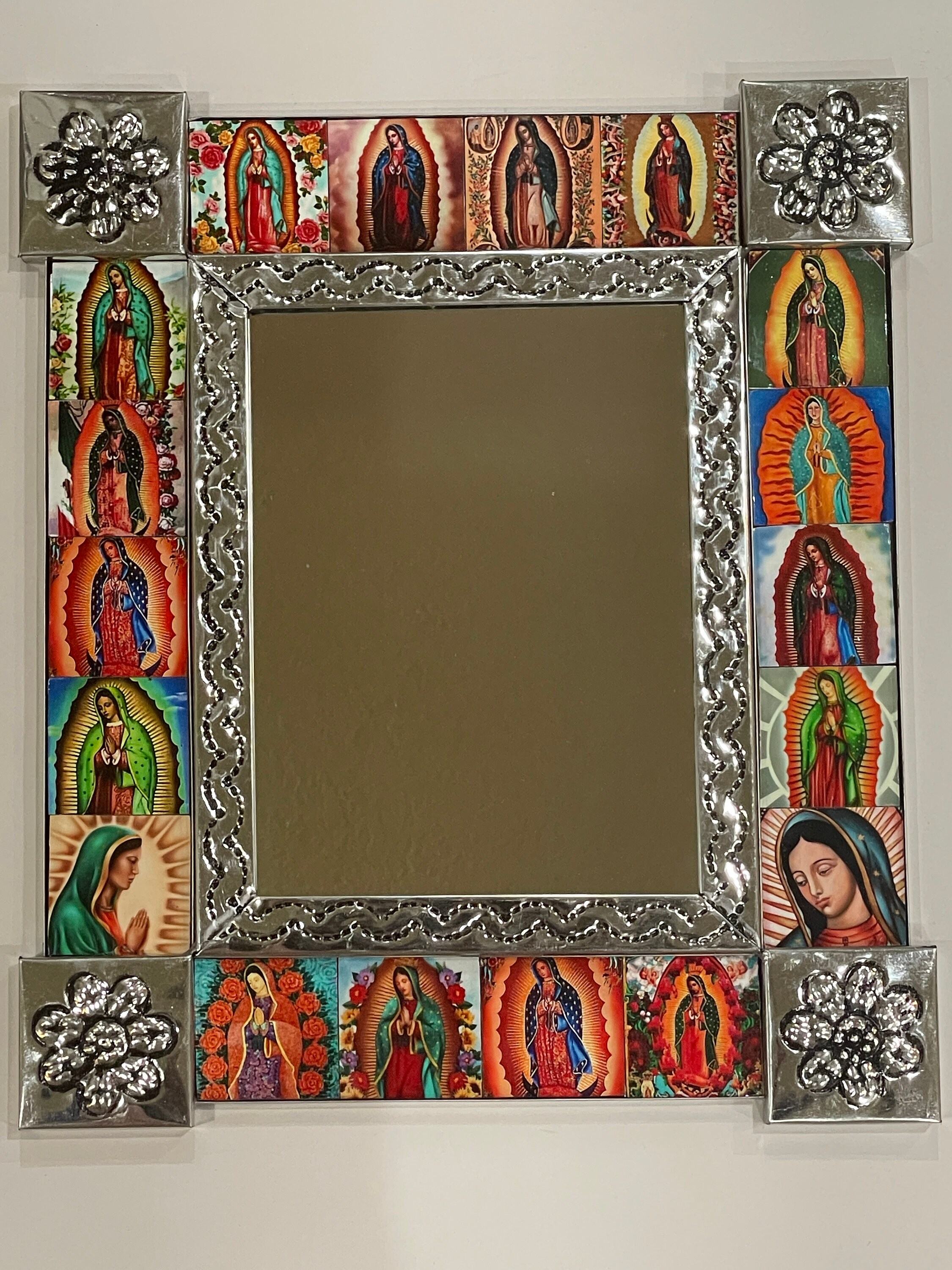 LARGE Tin Mirror With Assorted GUADALUPE Tiles, Mexican Tin Art ...