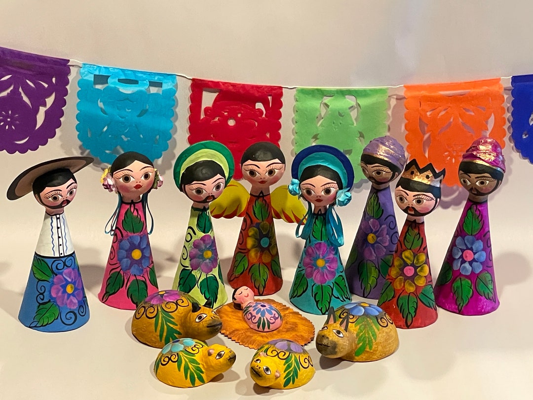 Colorful PAPER MACHE NATIVITY, Thirteen Pieces, Mexico Nativity Set ...