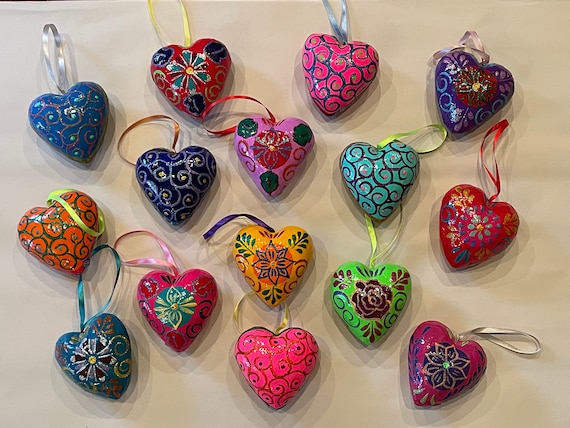 SET of THREE LARGE Heart Ornaments Paper Mache Valentine | Etsy