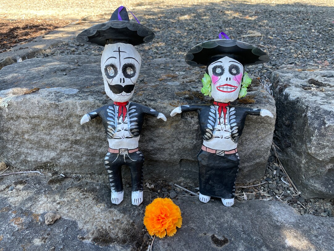 Pair CALAVERA MARIACHI Ornaments, Paper Mache, Mexican Skeleton, Skull ...