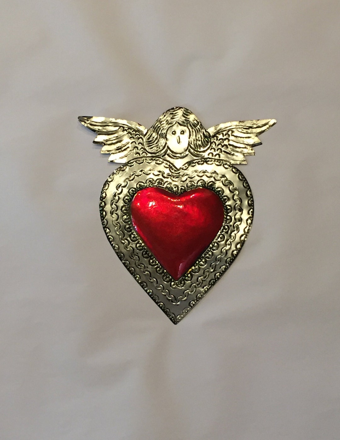LARGE SACRED HEART With Angel, Sacred Heart Ornament, Milagro, Mexican ...