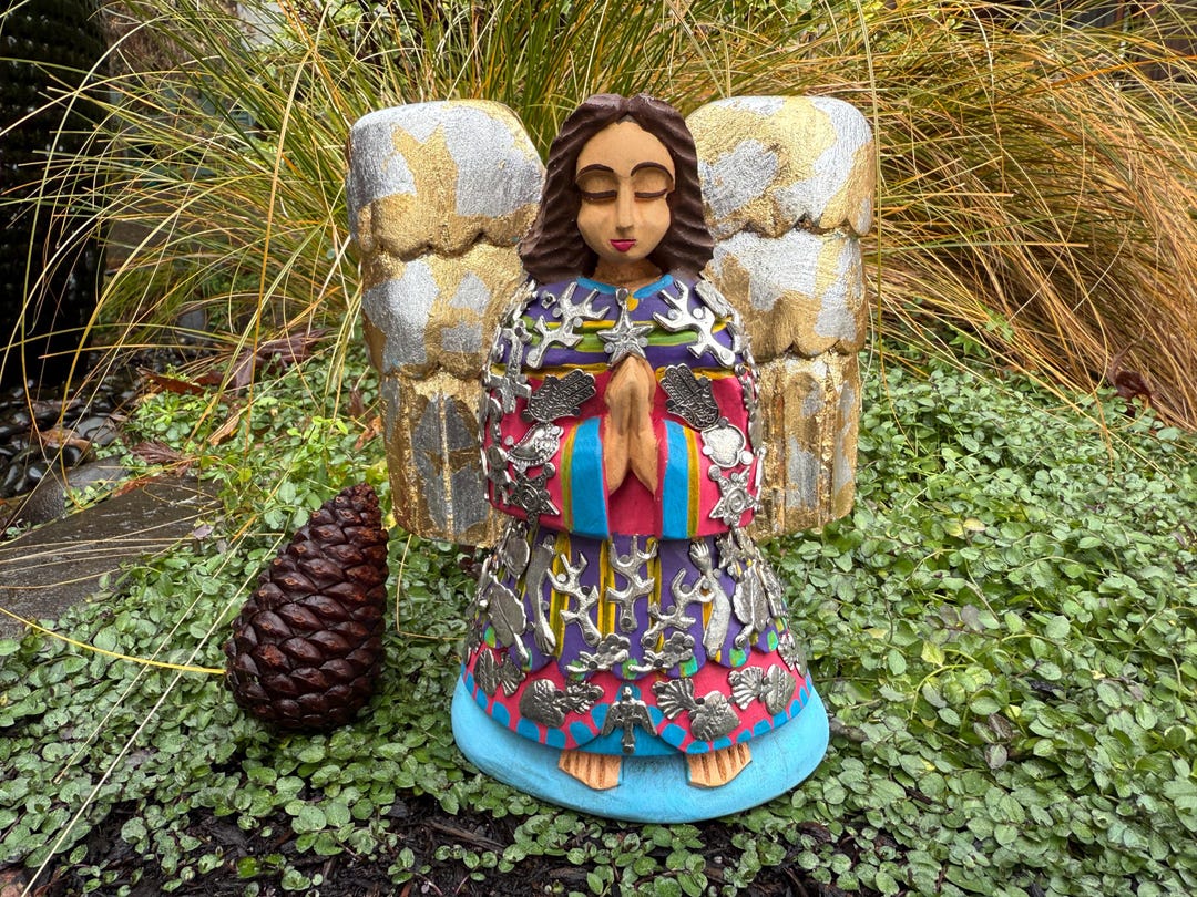 Small ANGEL With MILAGROS, Mexican Angel, Hand Carved Angel, Angel With ...