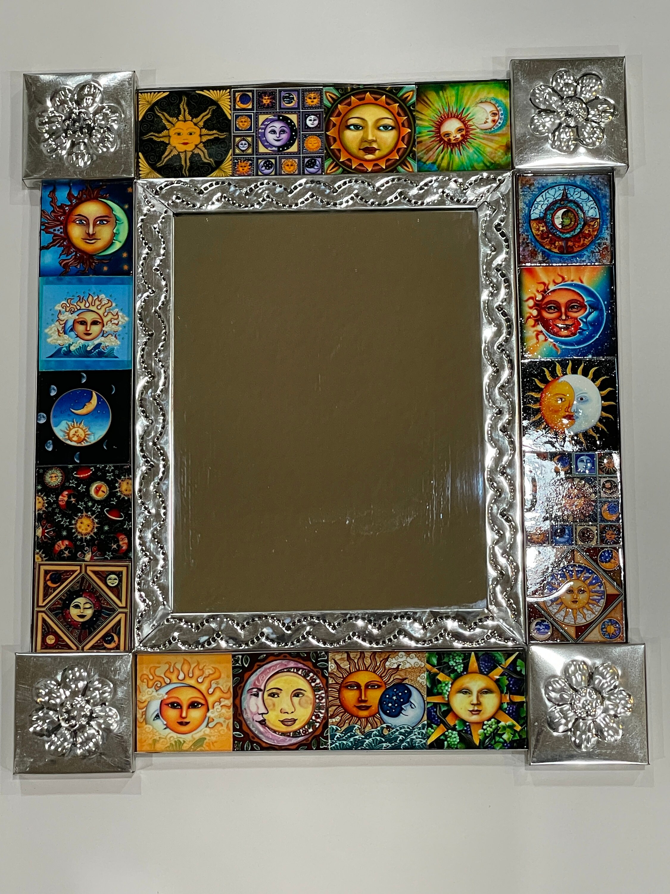 LARGE Tin Mirror With Assorted Sun Tiles, Mexican Tin Art, Mexican ...