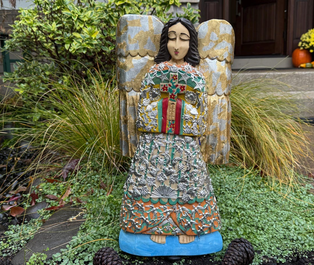 Large ANGEL With MILAGROS, Mexican Angel, Hand Carved Angel, Angel With ...