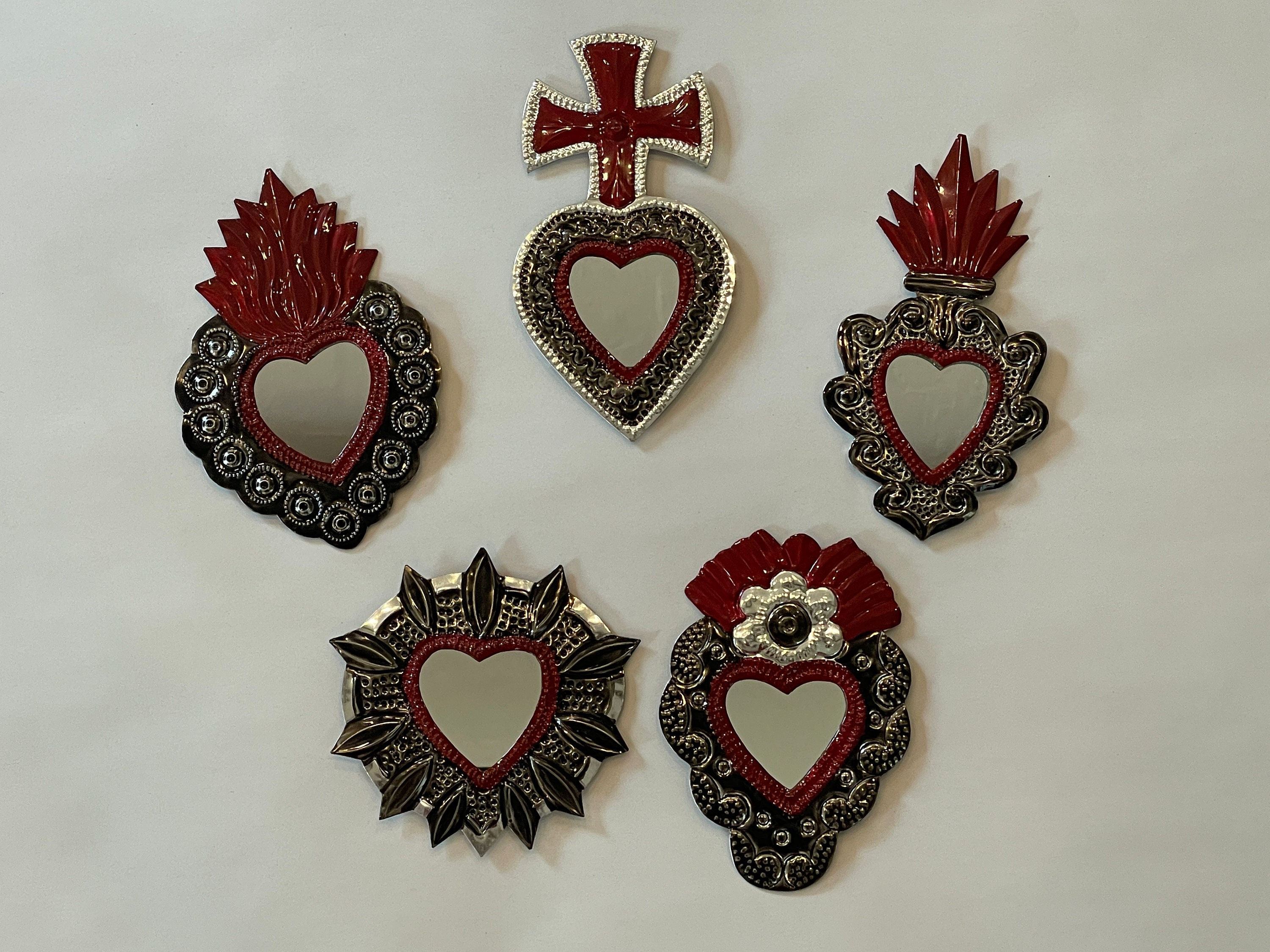 SET of FIVE Tin Sacred HEART Ornaments With Mirror - Etsy