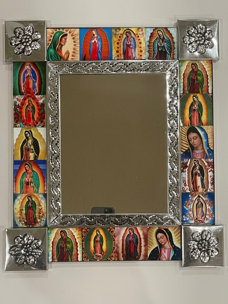 LARGE Tin Mirror With Assorted GUADALUPE Tiles, Mexican Tin Art ...
