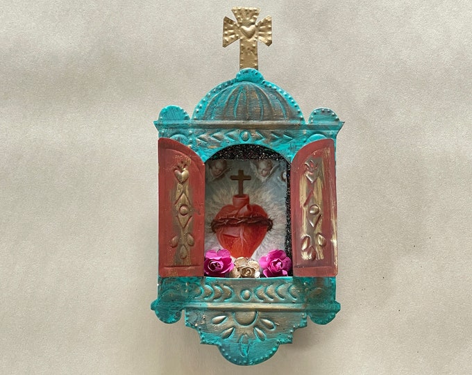 Antiqued Turquoise Nicho, SACRED HEART IMAGE, Mexican Nicho, Mexico ...