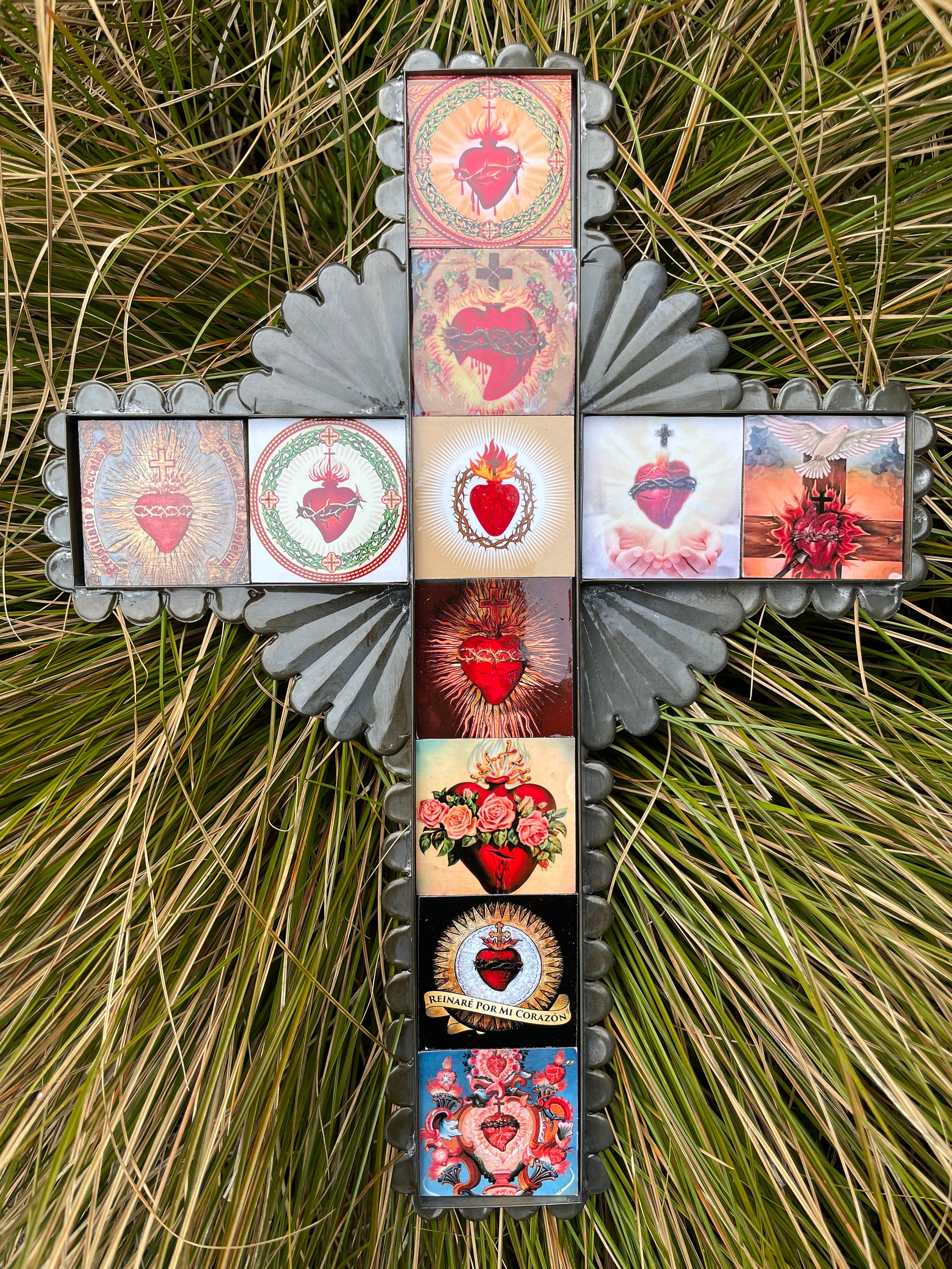 SACRED HEART Tin Tile Cross, Mexican Tin Art, Mexican Religious Art ...