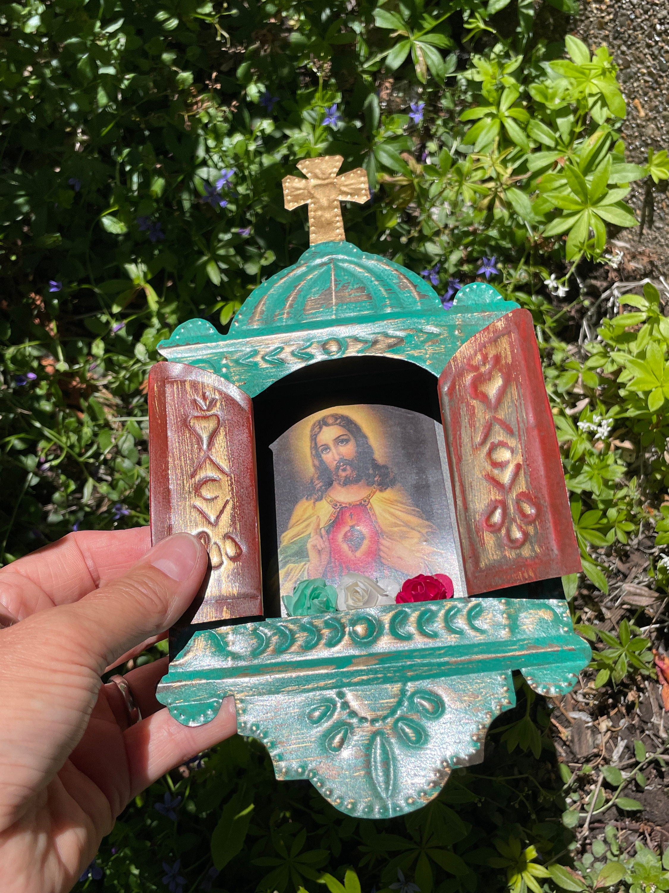 Antiqued Turquoise Nicho, JESUS With SACRED HEART Image, Mexican Nicho ...
