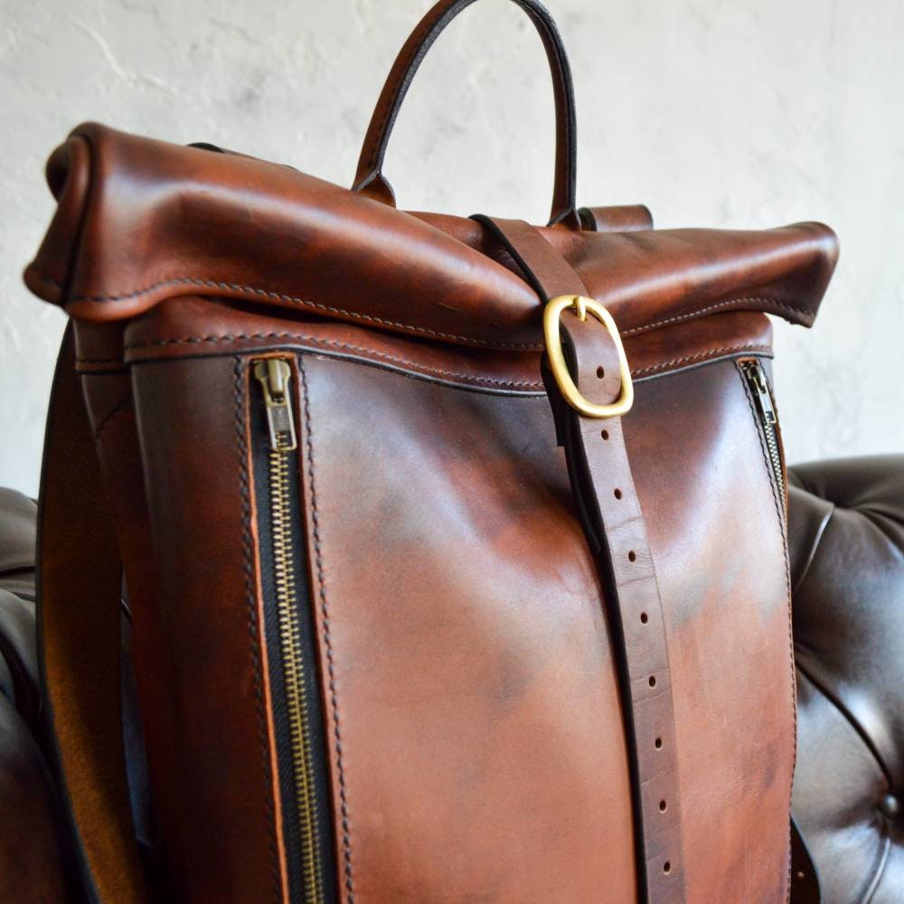 Leather Roll Top Backpack Large Men's Backpacks Big Leather Backpack ...