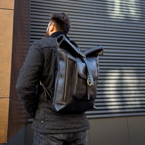 Leather Black Rolltop Backpack, Personalized Leather Backpack for Men ...