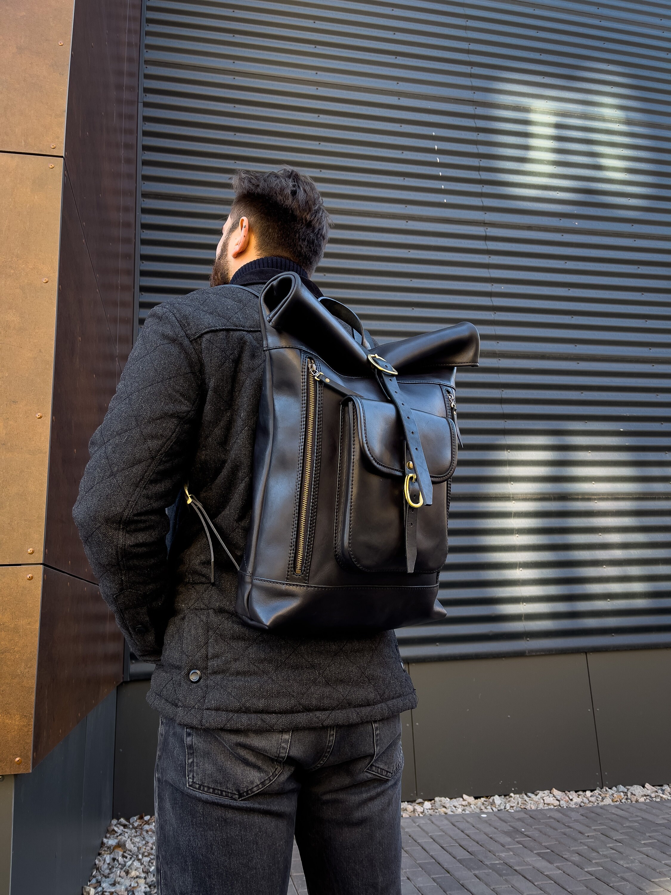 Leather Black Rolltop Backpack, Personalized Leather Backpack for Men ...