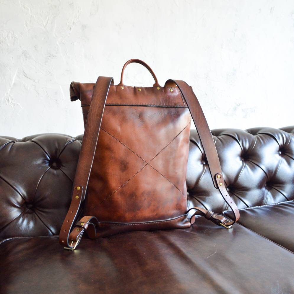 Leather Roll Top Backpack Large Men's Backpacks Big Leather Backpack ...
