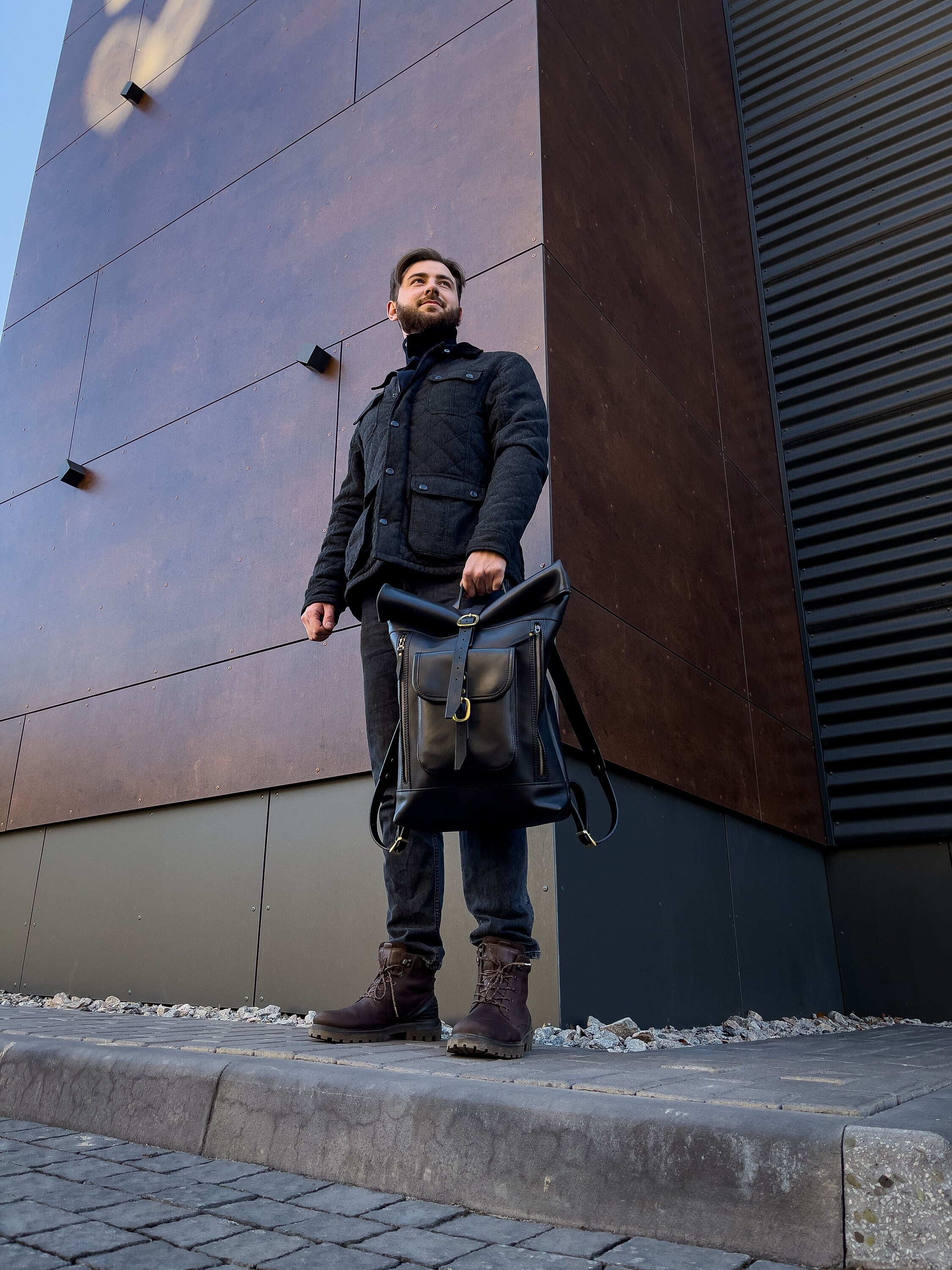 Leather Black Rolltop Backpack, Personalized Leather Backpack for Men ...