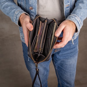 Leather Zip Around Wallet, Personalized Leather Clutch, Handmade Mens ...