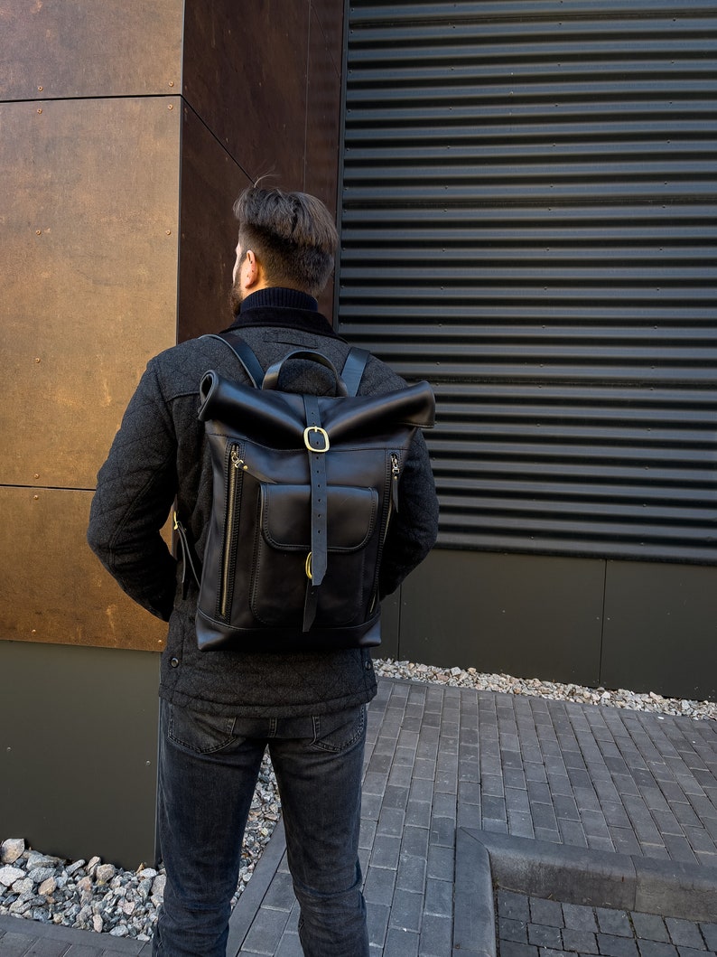 Leather Black Rolltop Backpack, Personalized Leather Backpack for Men ...