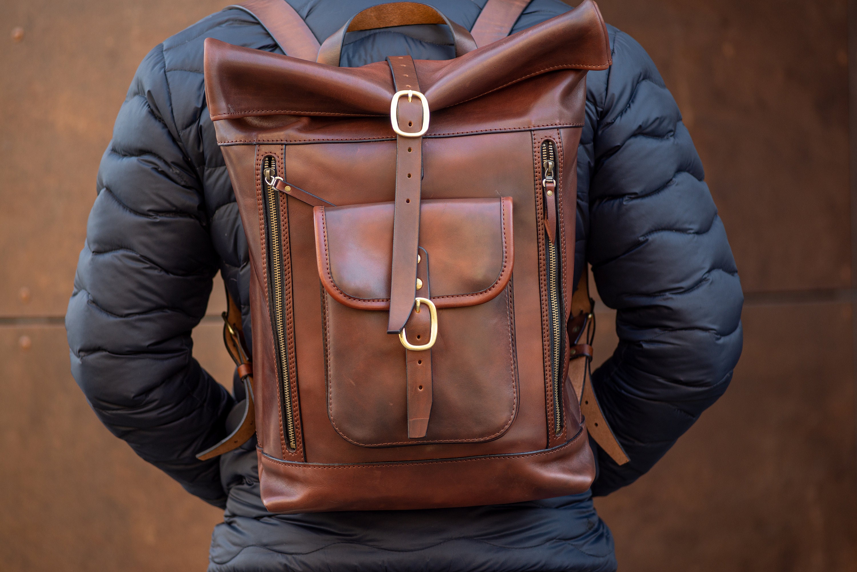 Leather Rolltop Backpack, Personalized Leather Backpack for Men ...