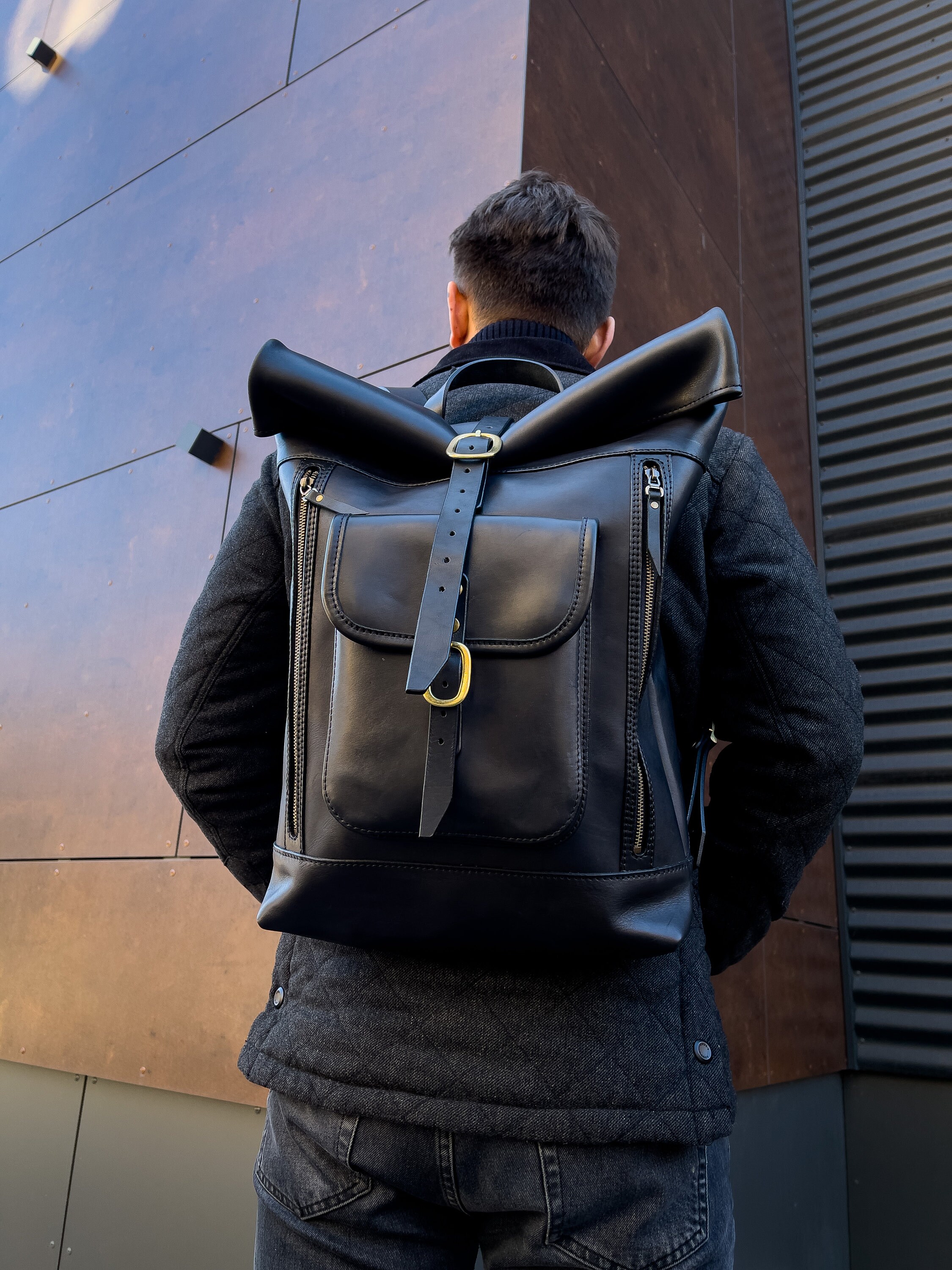 Leather Black Rolltop Backpack, Personalized Leather Backpack for Men ...