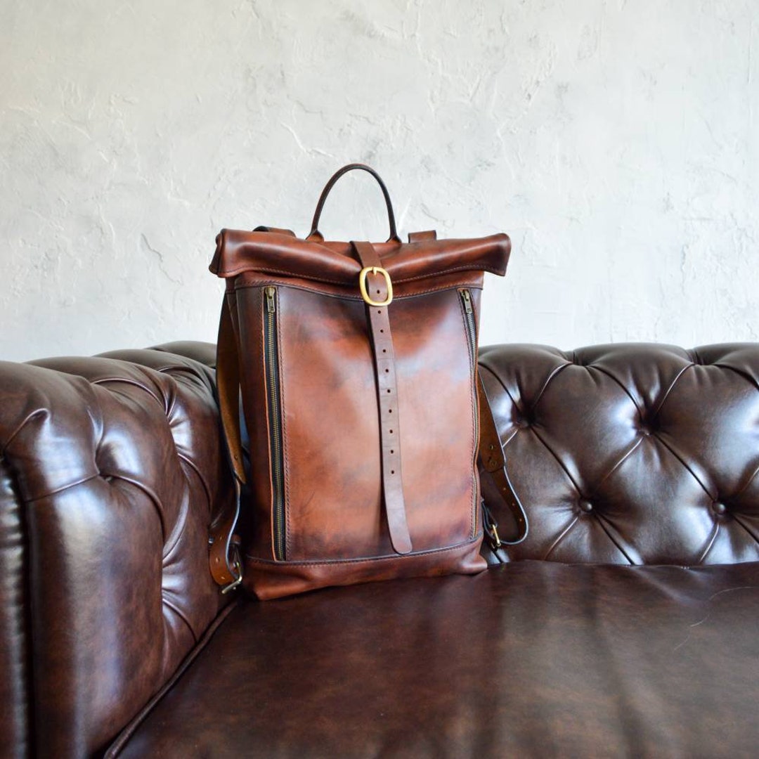 Leather Roll Top Backpack Large Men's Backpacks Big Leather Backpack ...
