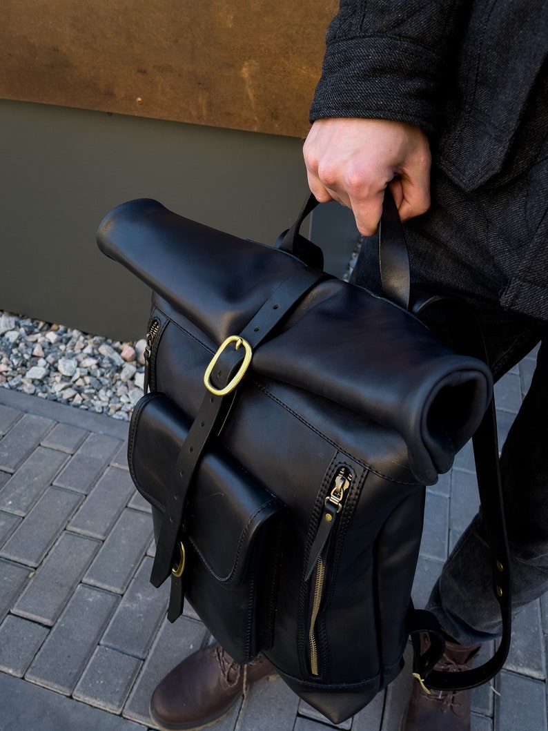 Leather Black Rolltop Backpack, Personalized Leather Backpack for Men ...